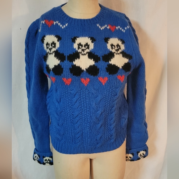 Vintage | Sweaters | Vintage 8s Hand Knit Panda Novelty Sweater Blue ...